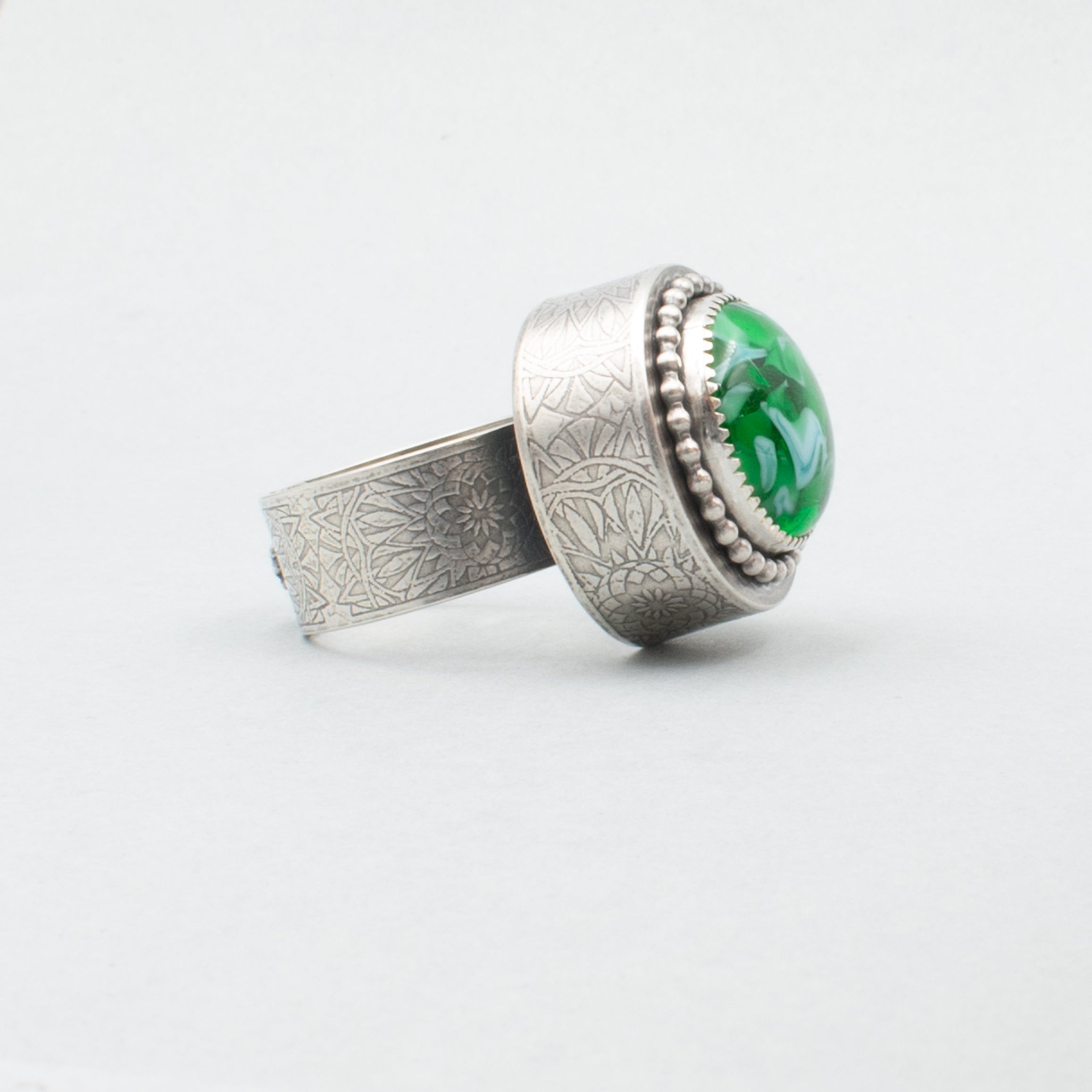 Original lampwork glass cabochon set in sterling silver textured with ...